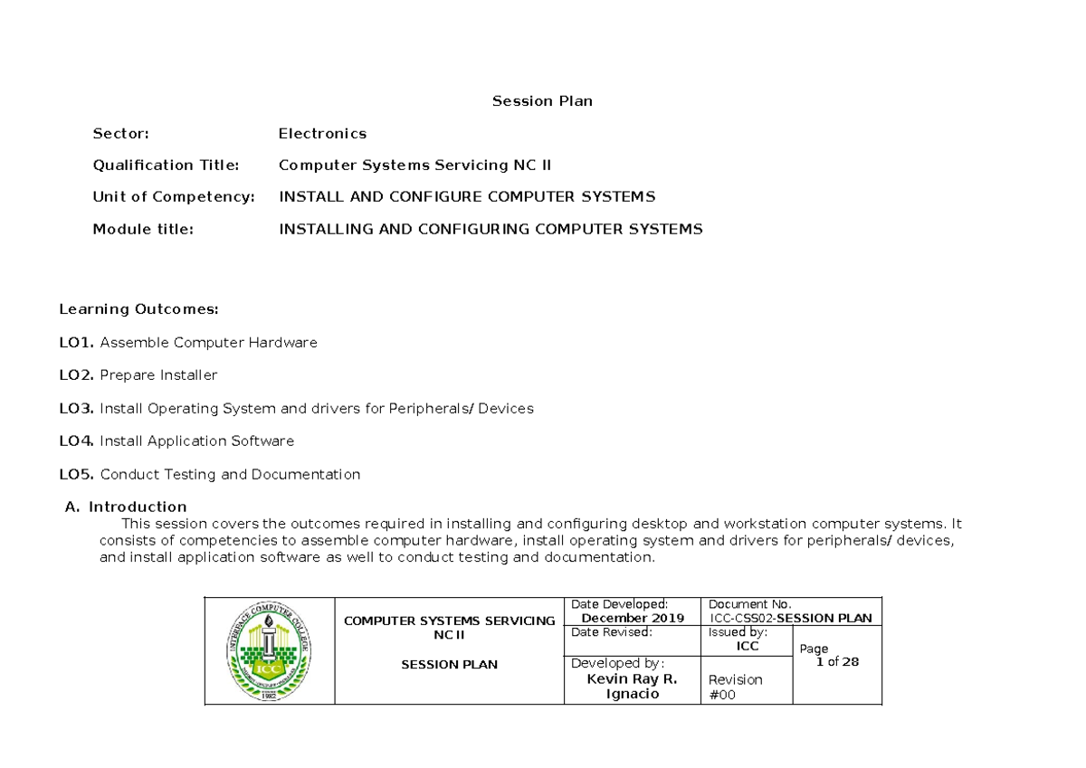 COMPUTER SYSTEMS SERVICING NC II SESSION PLAN: INSTALL & CONFIGURE ...