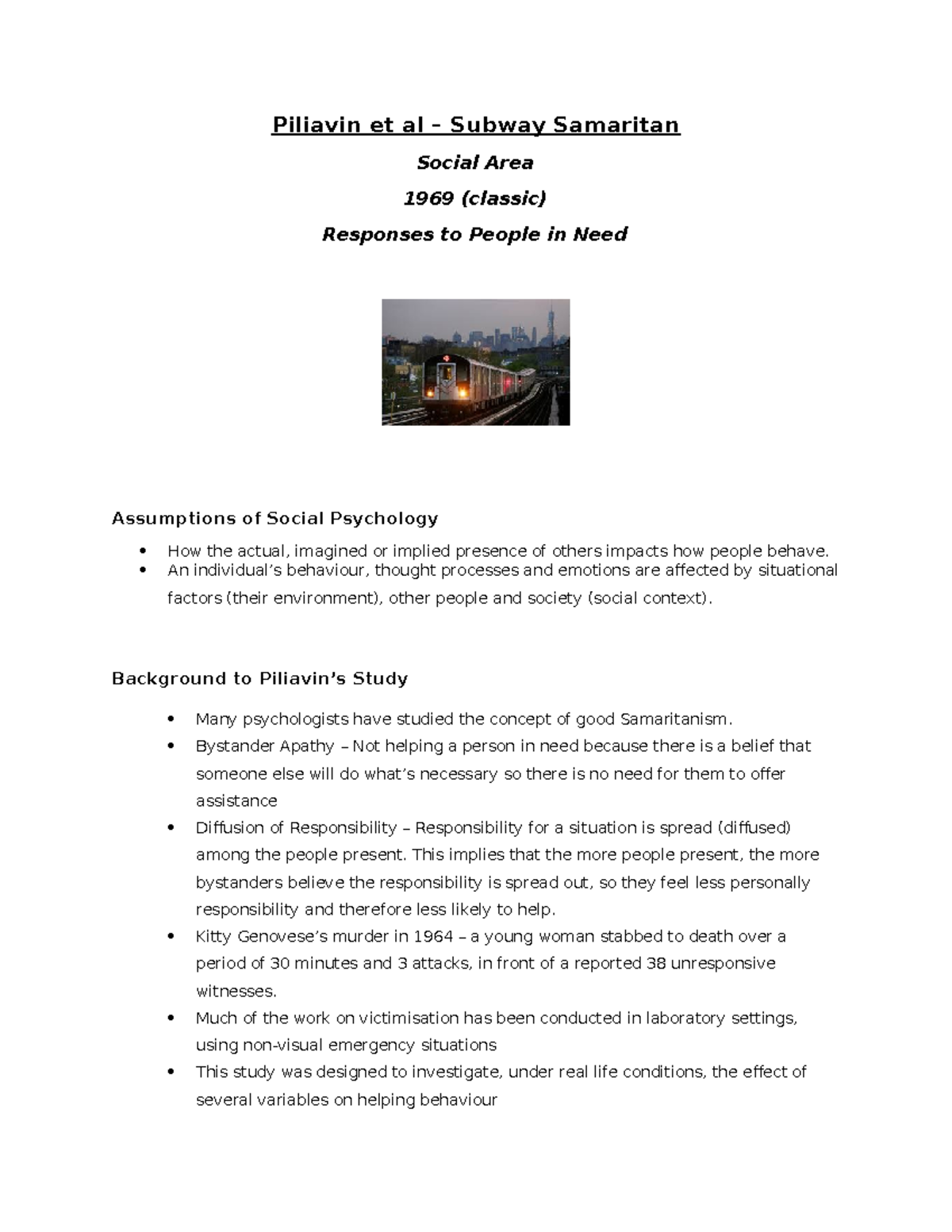 Piliavin et al. (1969) Subway Samaritan Study: Social Psychology ...
