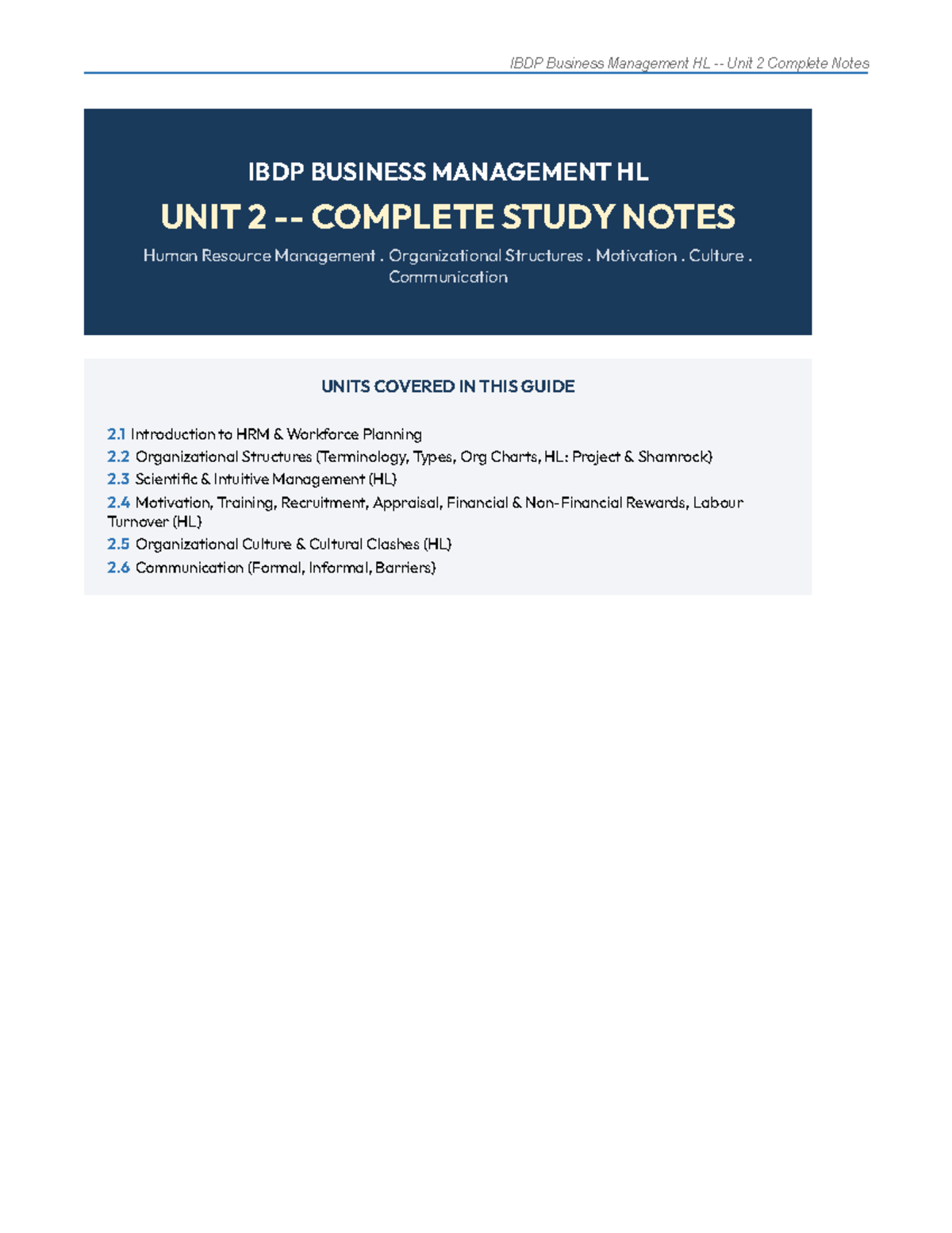IBDP Business Management HL Unit 2 Study Notes: HRM, Org Structures ...