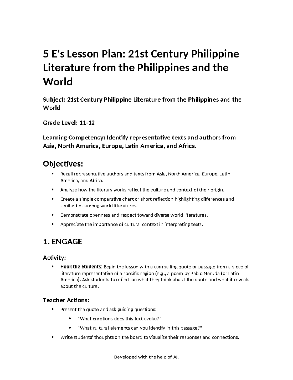 5 E's Lesson Plan: Global Literary Voices in 21st Century Lit - Studocu