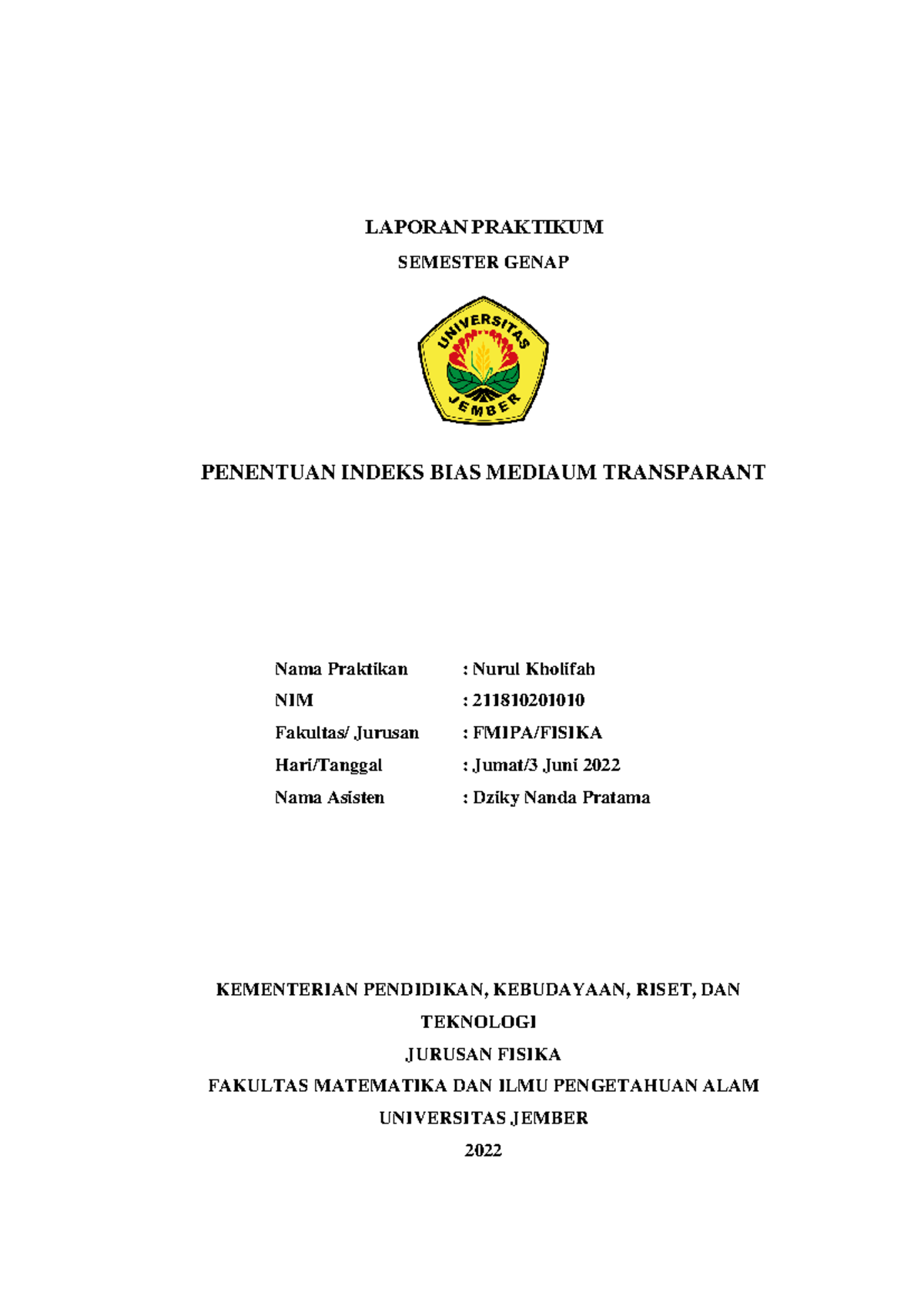 Laporan Praktikum FISIKA: Penentuan Indeks BIAS Medium Transparan - Studocu