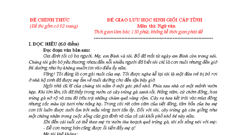 ĐỀ THI GIAO LƯU HSG CẤP TỈNH Môn NGỮ VĂN - 150 PHÚT - Studocu