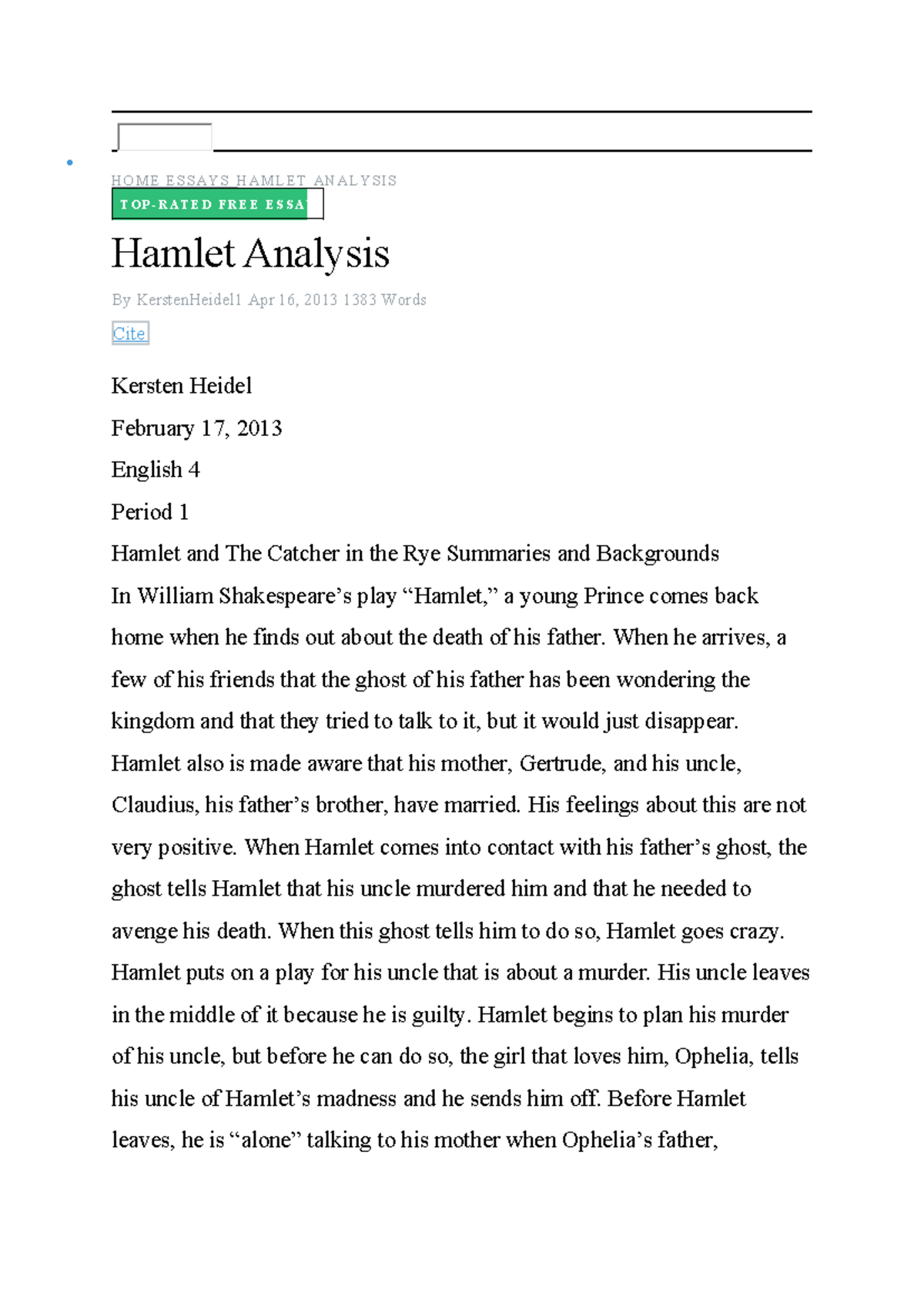 Hamlet Analysis: A Critical Study of Shakespeare's Tragic Play - Studocu