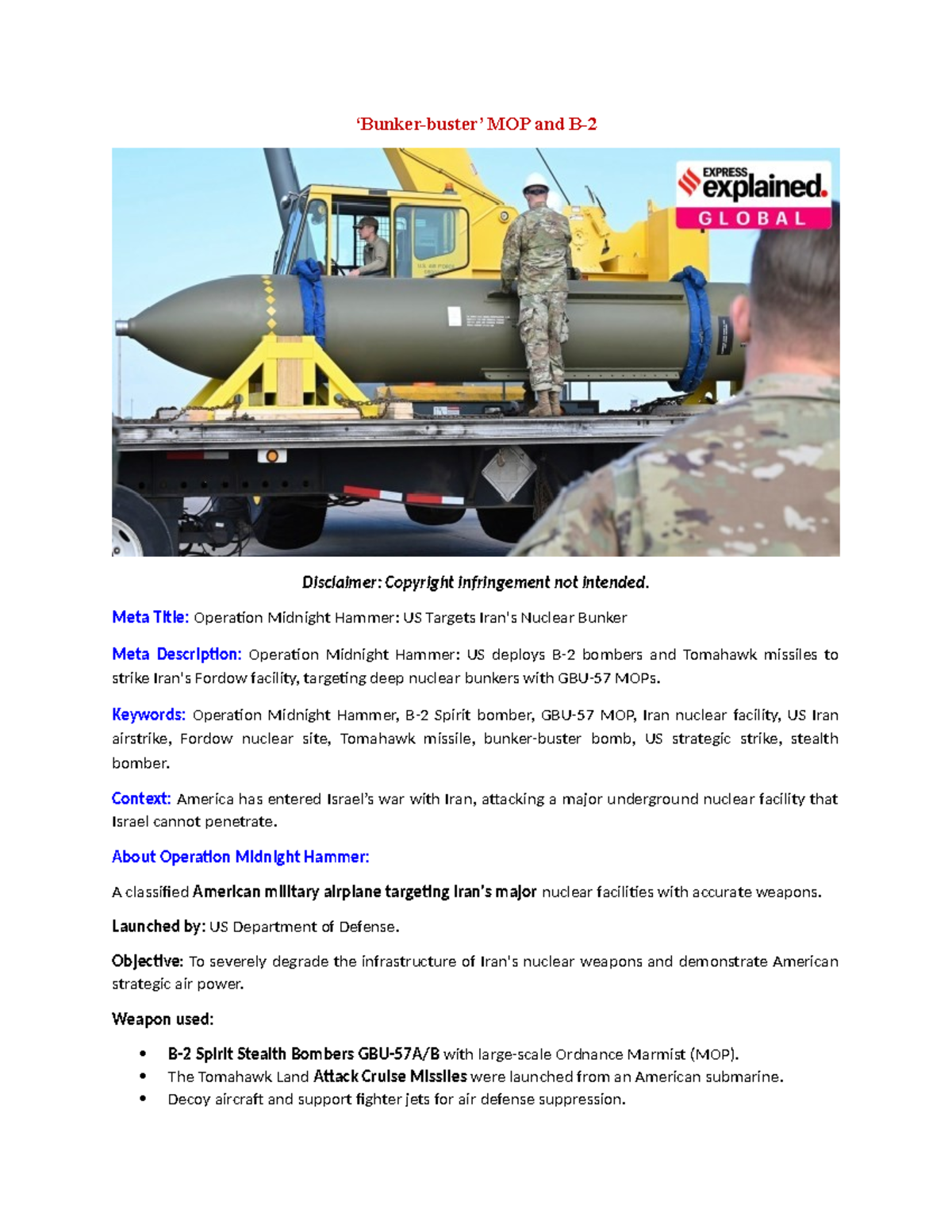 Operation Midnight Hammer: US Airstrike on Iran's Nuclear Bunker - Studocu