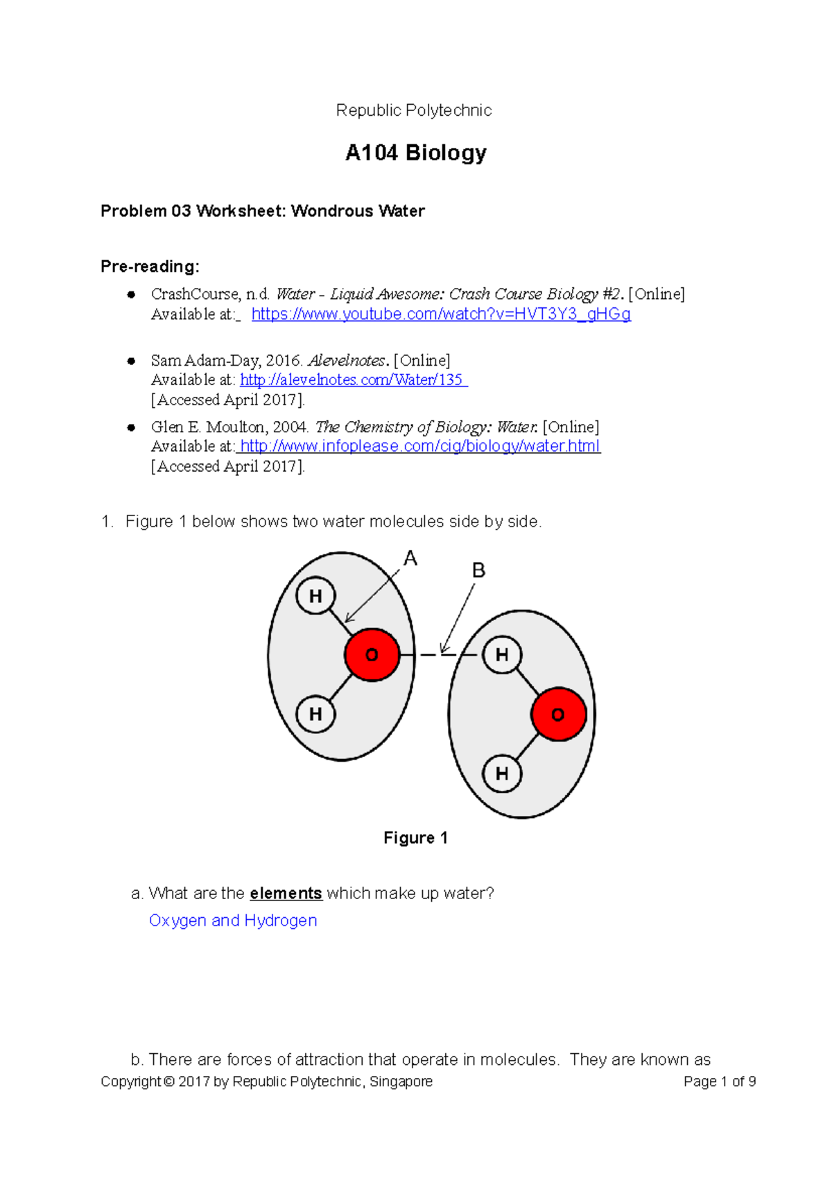 BIO P03 WS - A104 Worksheet on Water and Its Properties - Studocu