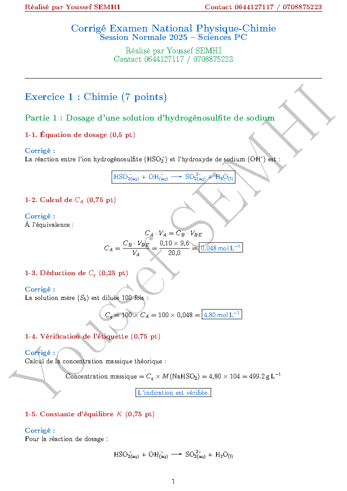 Examen National Corrigé 2025 - Physique-Chimie SPC - Studocu