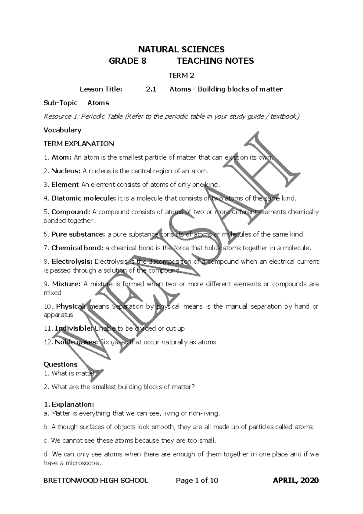 Natural Sciences Grade 8 Term 2 Notes: Understanding Atoms and ...