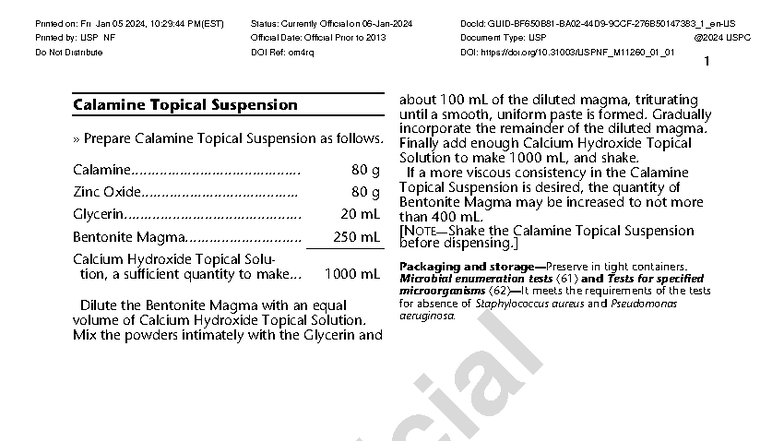 USP NF Calamine Topical Suspension Preparation Guide - Studocu