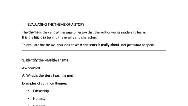 Evaluating the Theme of a Story: Key Insights and Analysis - Studocu