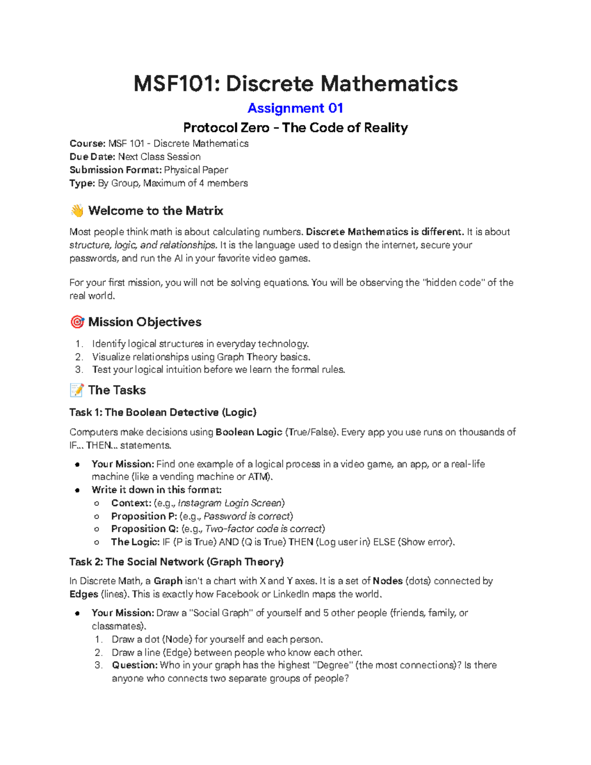MSF101: Discrete Mathematics Assignment 01 - Protocol Zero - Studocu