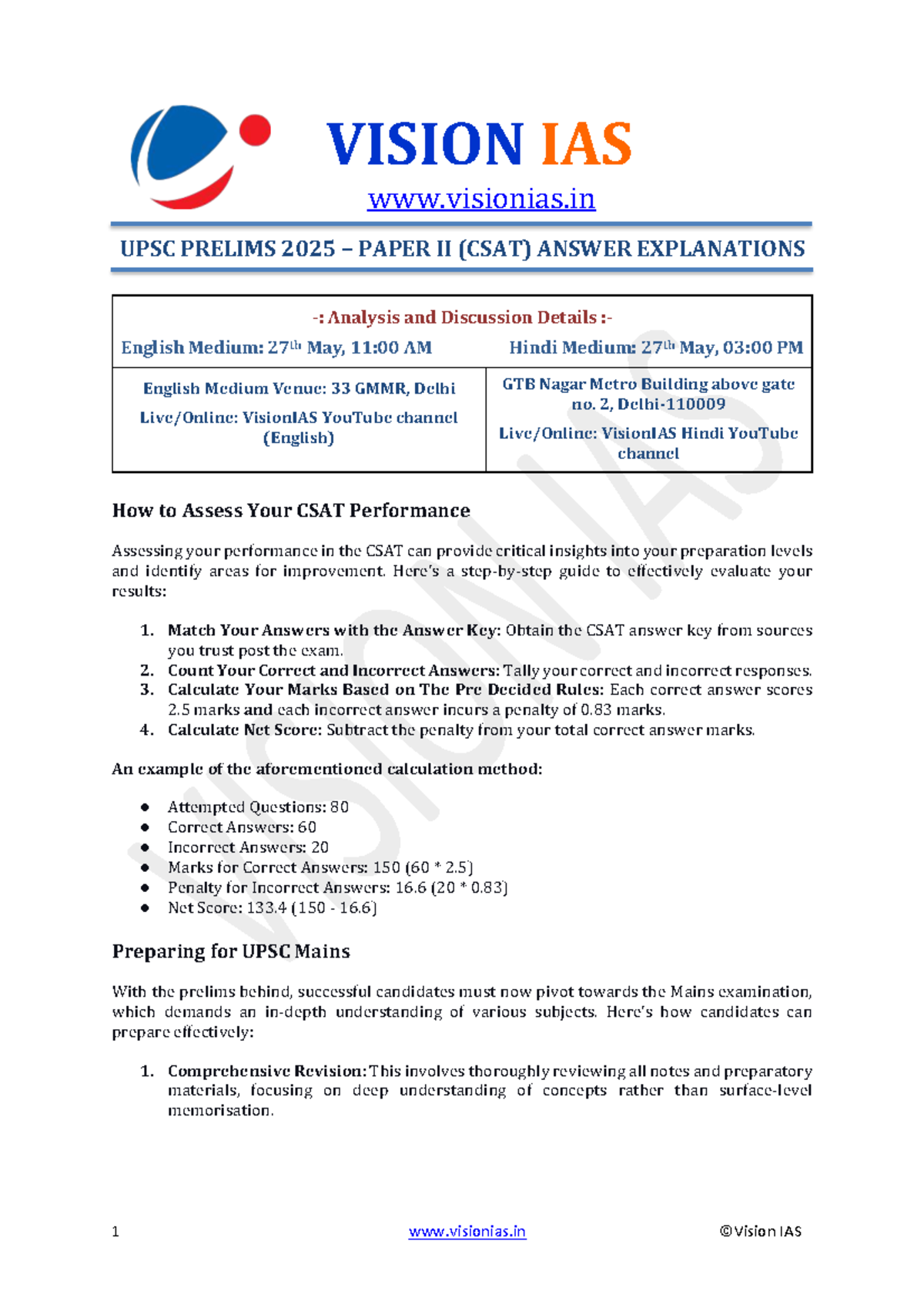 Vision IAS - UPSC CSAT 2025 Question Paper & Answer Key Analysis - Studocu