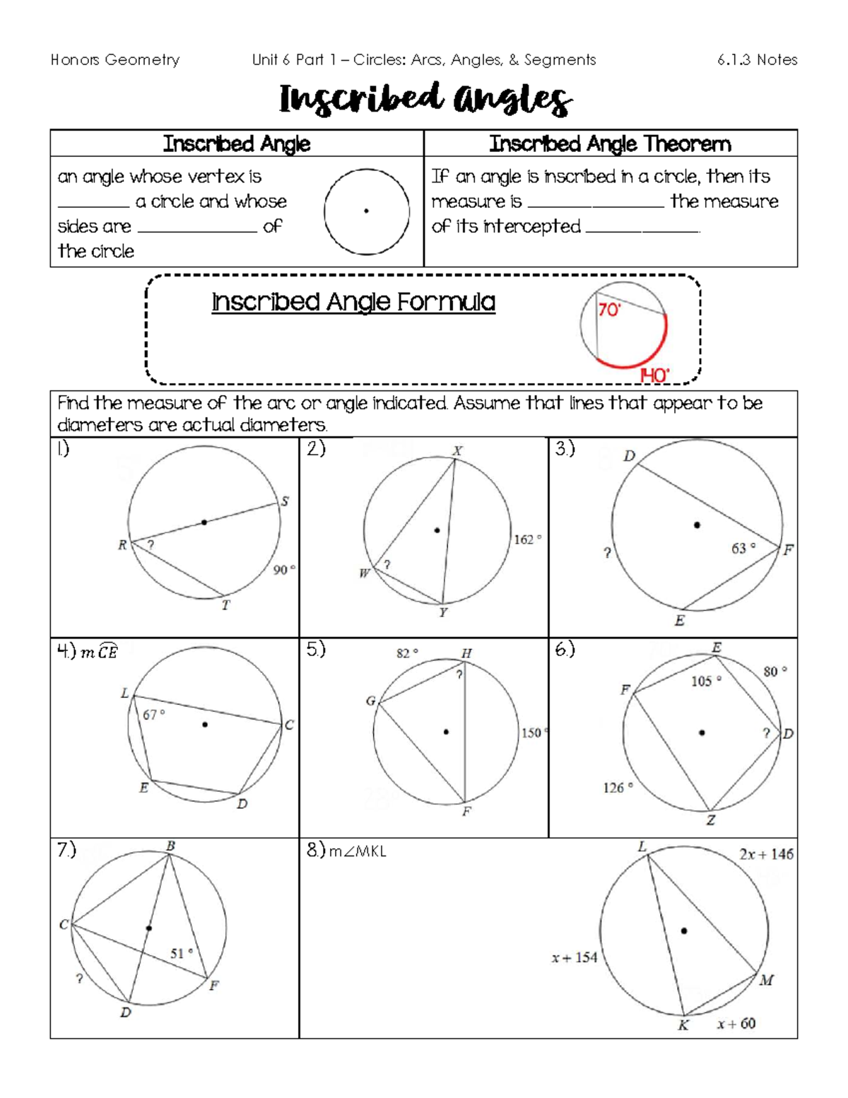 6.1.3 Inscribed Angles Notes - Honors Geometry Unit 6 Part 1 – Circles ...