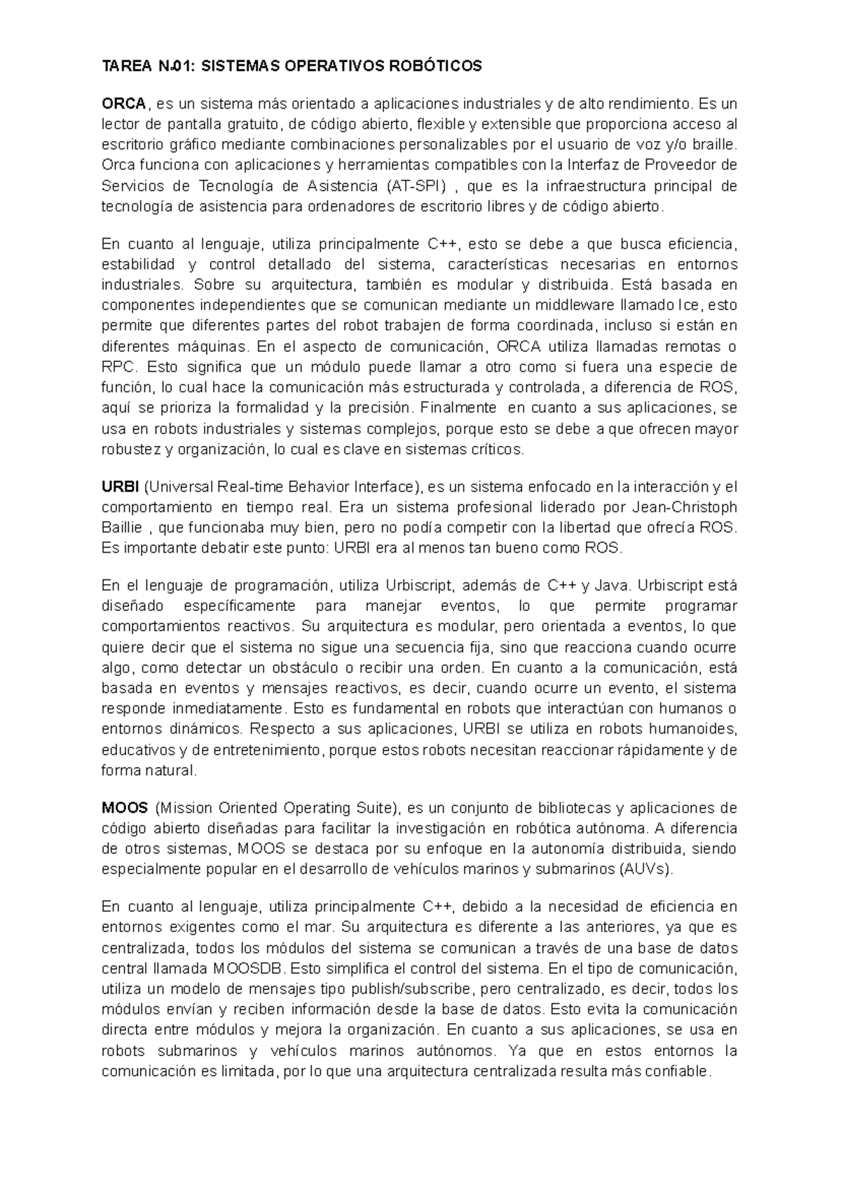 TAREA SISTEMAS OPERATIVOS ROBÓTICOS: Análisis de ORCA, URBI, MOOS y ROS ...