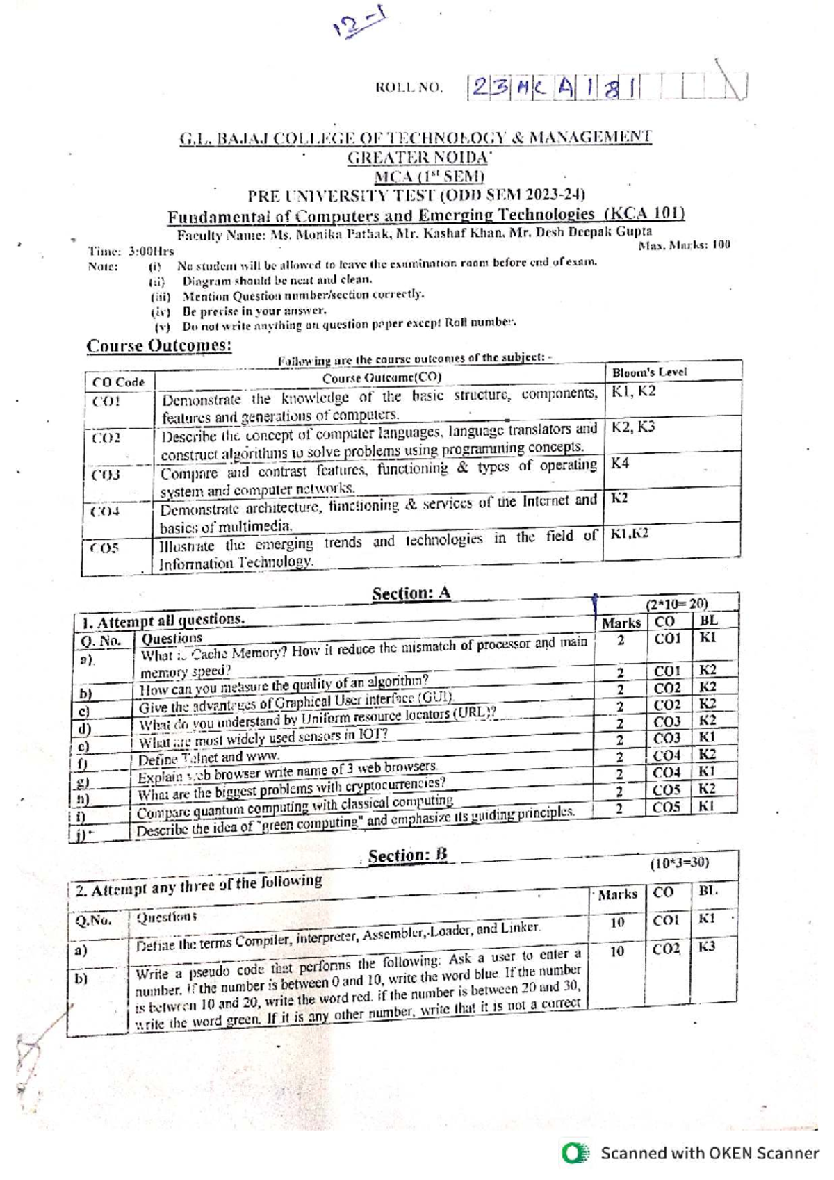 MCA (1st SEM) Pre University Test: Fundamental of Computers & Emerging ...