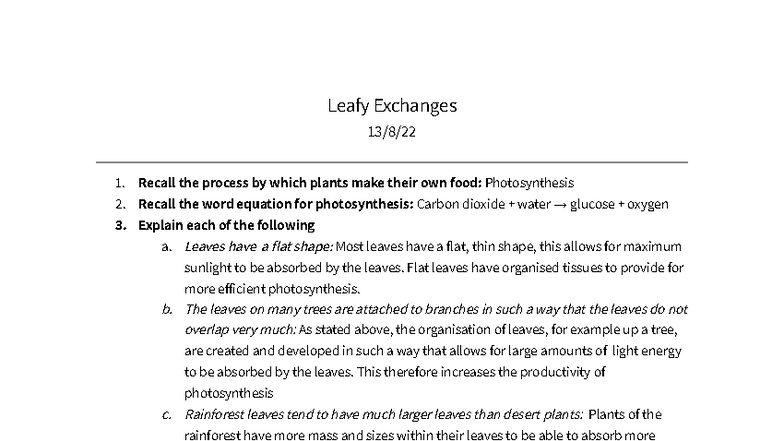 Photosynthesis Overview: Leaf Structure & Function in Plants - Studocu