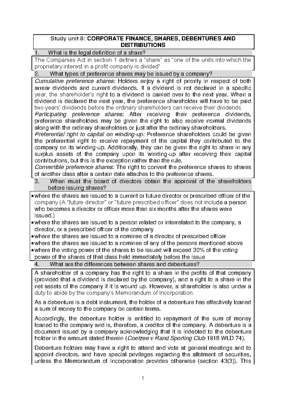 MRL2601 Final Exam Study Unit 8: Shares, Debentures & Q&A - Studocu