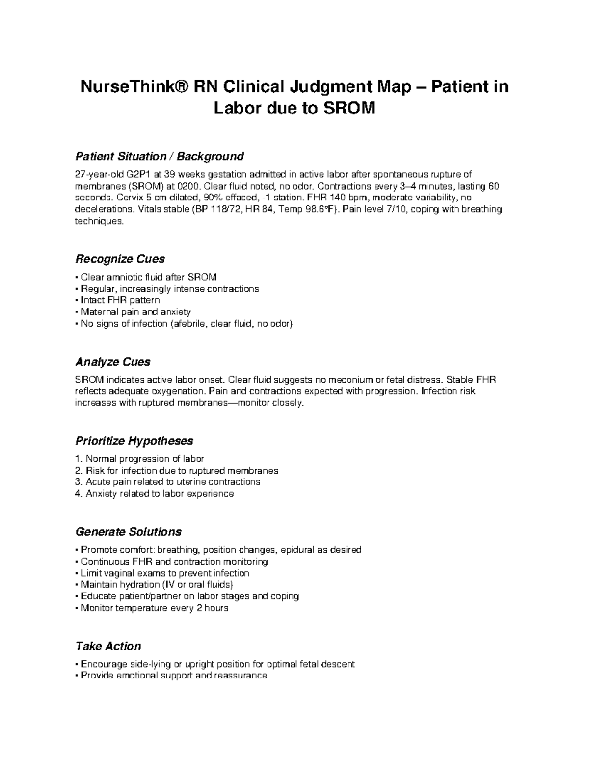 RN Clinical Judgment Map: Patient in Labor (SROM) Analysis - Studocu