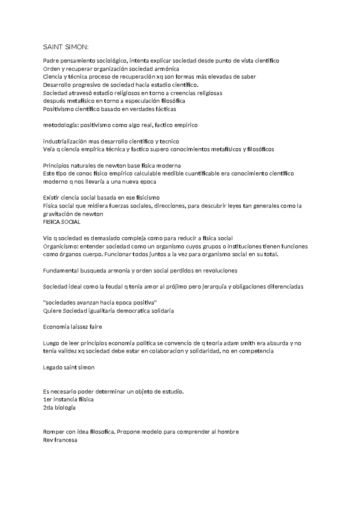 Resumén sobre el Pensamiento de Saint Simon en Ciencias Sociales - Studocu