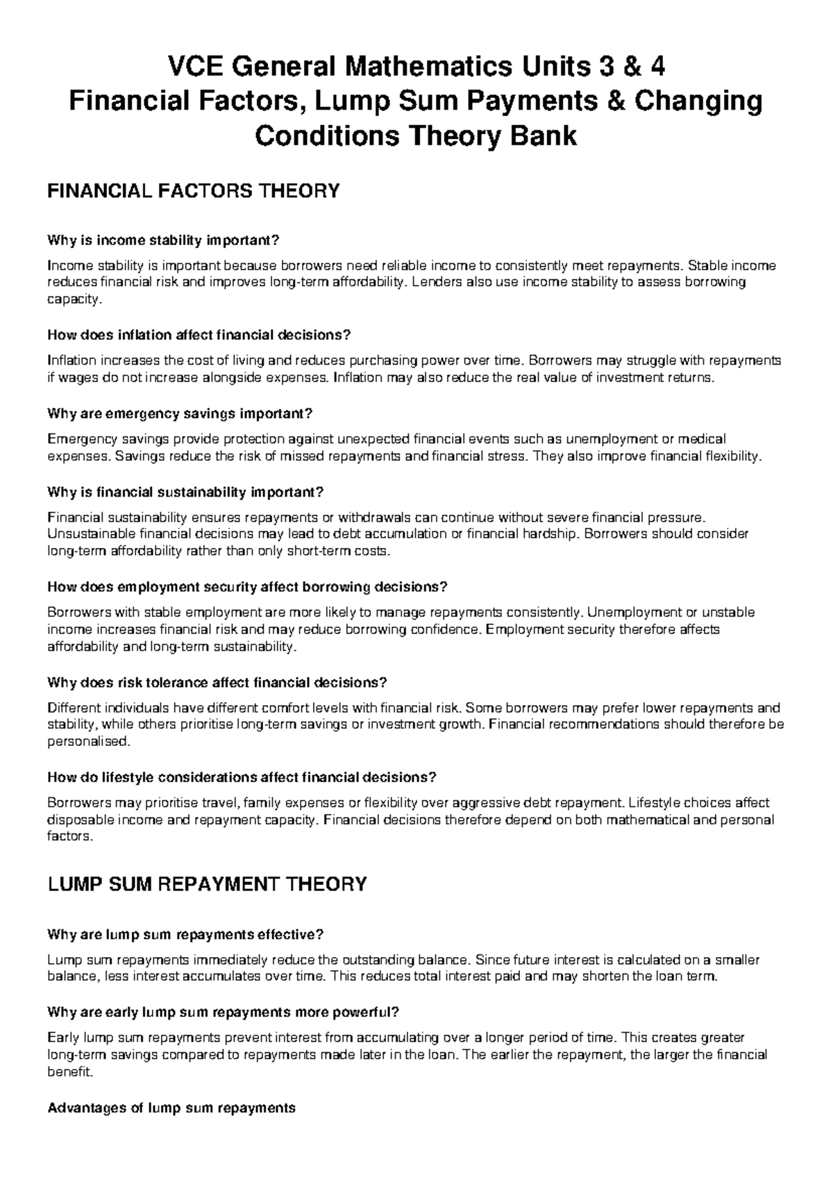 VCE General Mathematics Units 3 4 Financial Factors Theory Notes - Studocu