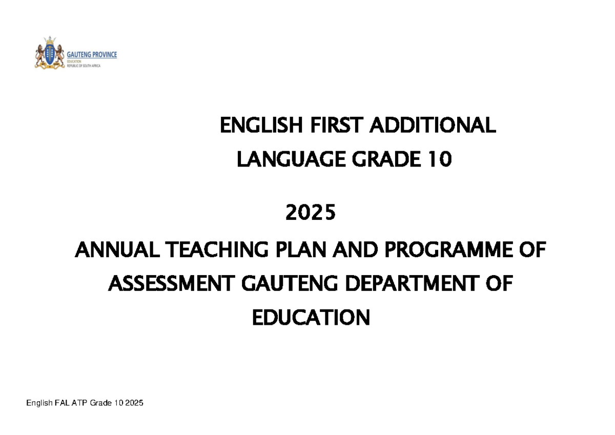 English FAL Grade 10 2025 Annual Teaching Plan & Assessment Guide - Studocu