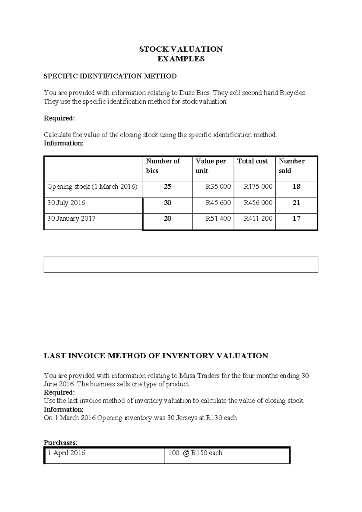 STOCK VALUATION CLASS ACTIVITY: SPECIFIC IDENTIFICATION METHOD - Studocu