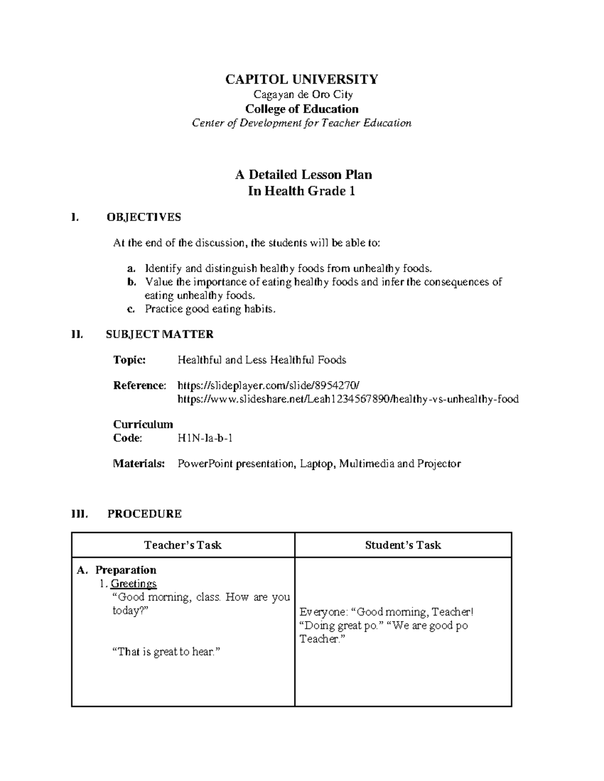 CE94 Detailed Lesson Plan: Health Education for Grade 1 Students - Studocu