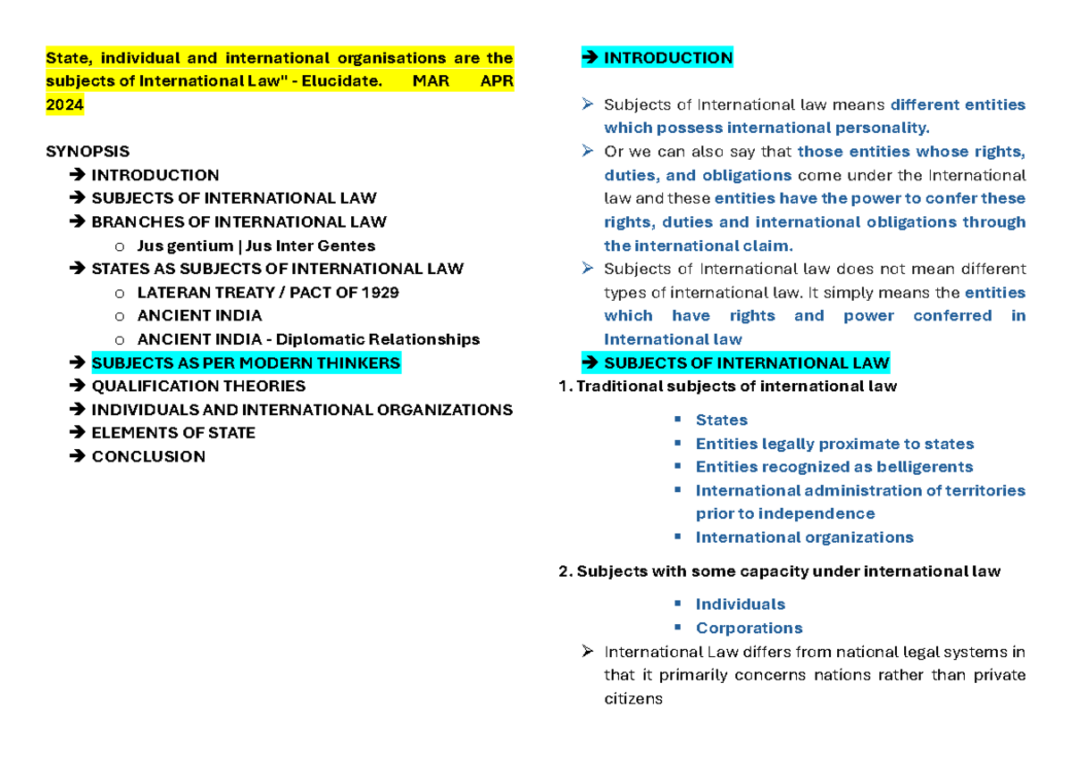 International Law: Subjects, States, and Modes of Territorial ...