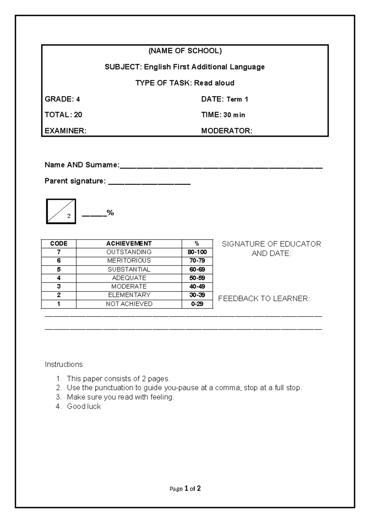 G4 T1 English Read Aloud Task 1 Assessment - Studocu