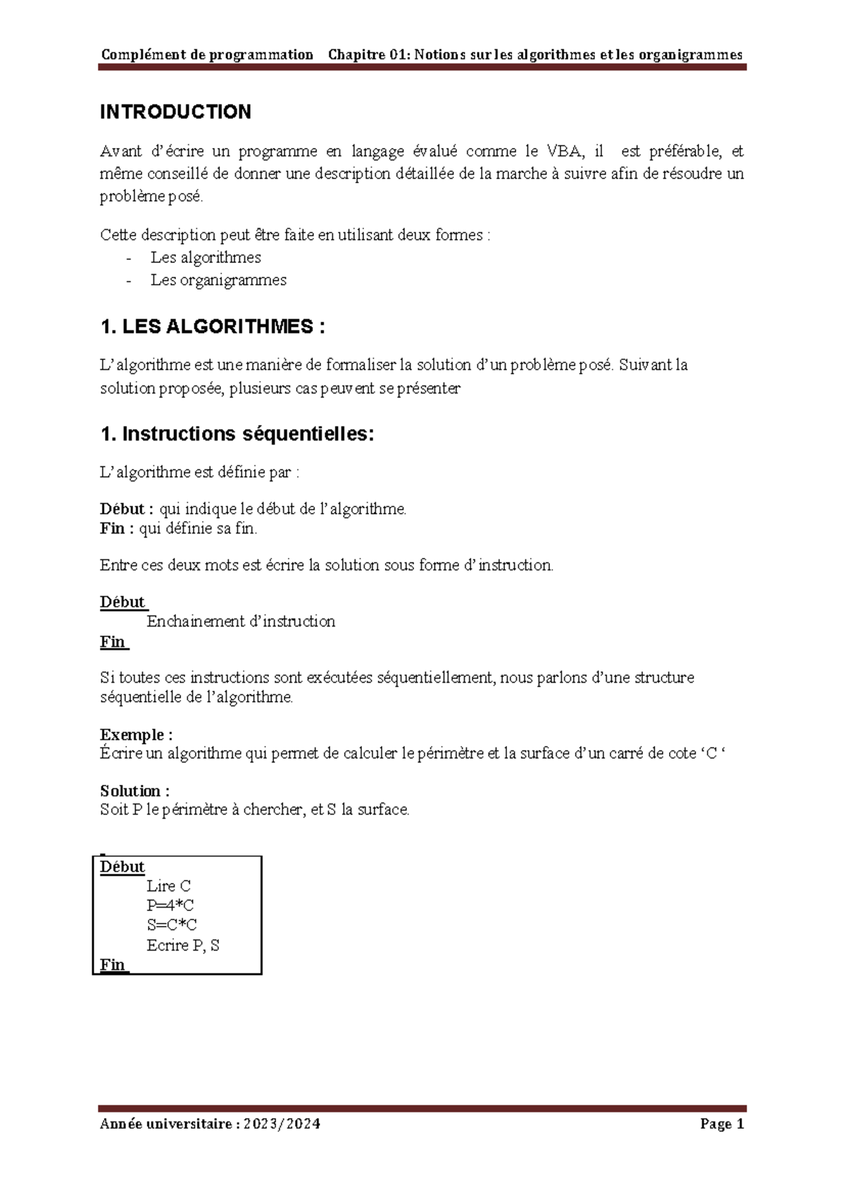 Chapitre 01 : Concepts des Algorithmes et Organigrammes en Informatique ...