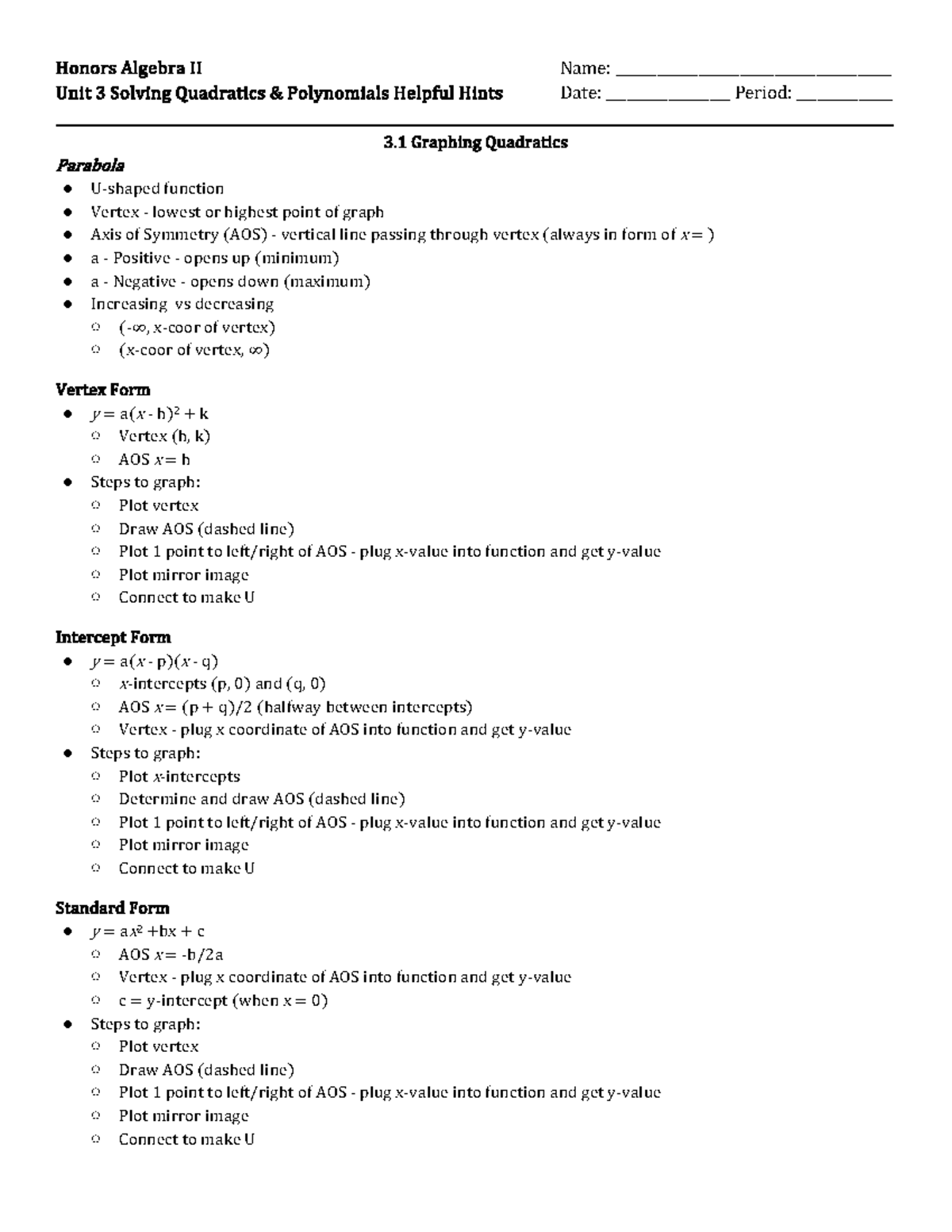 Honors Algebra II: Unit 3 Quadratics & Polynomials Overview - Honors ...