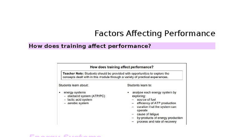 Factors Affecting Performance: Core 2 Notes on Energy Systems and ...