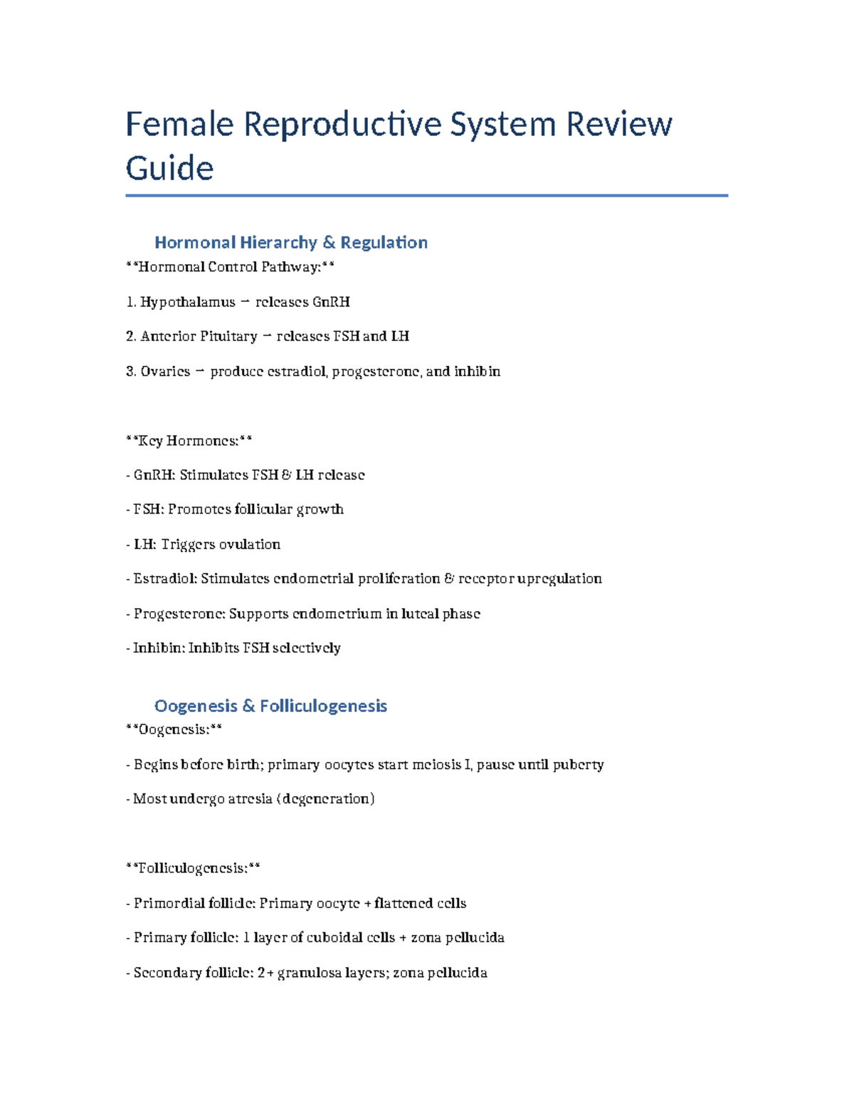 Female Reproductive System Review Guide: Hormonal Regulation & Cycle ...