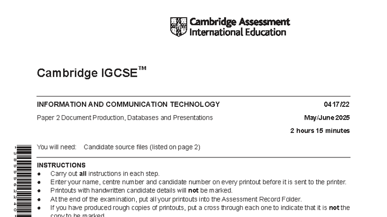 Cambridge ICT 0417/25 Paper 2: Document Production & Databases Exam ...