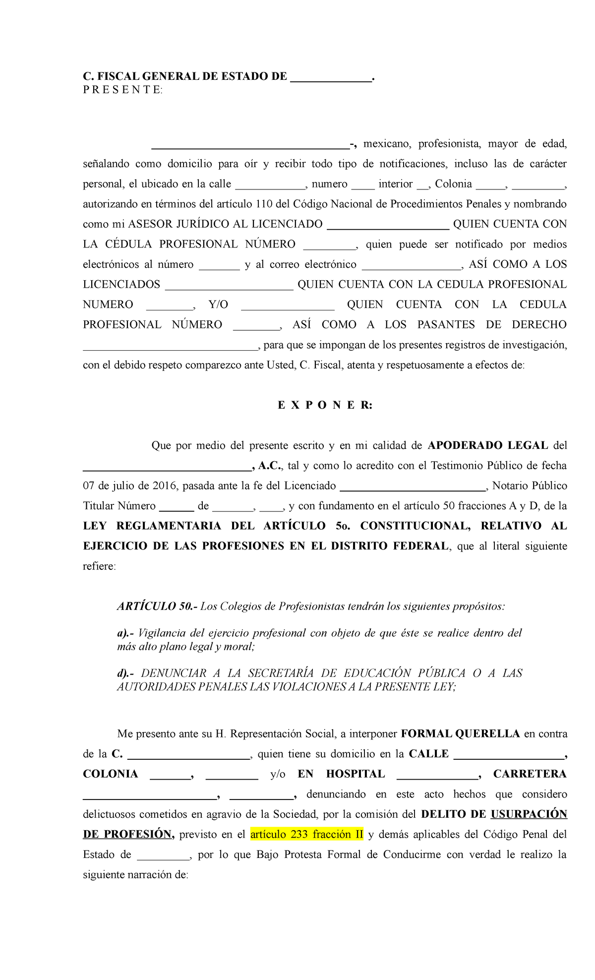 Formato de Denuncia por Usurpación de Profesión - Procedimiento Legal ...