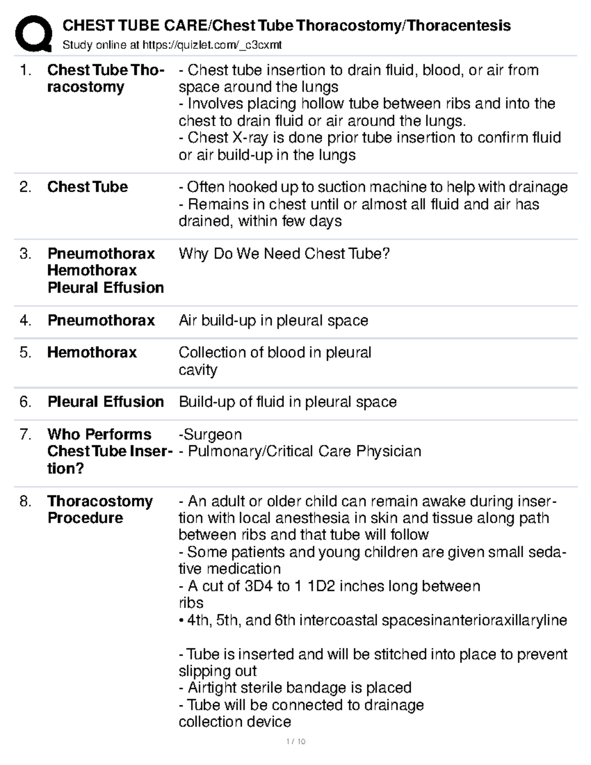 Chest TUBE CARE Thoracostomy Thoracentesis 1 5 - Study online at ...