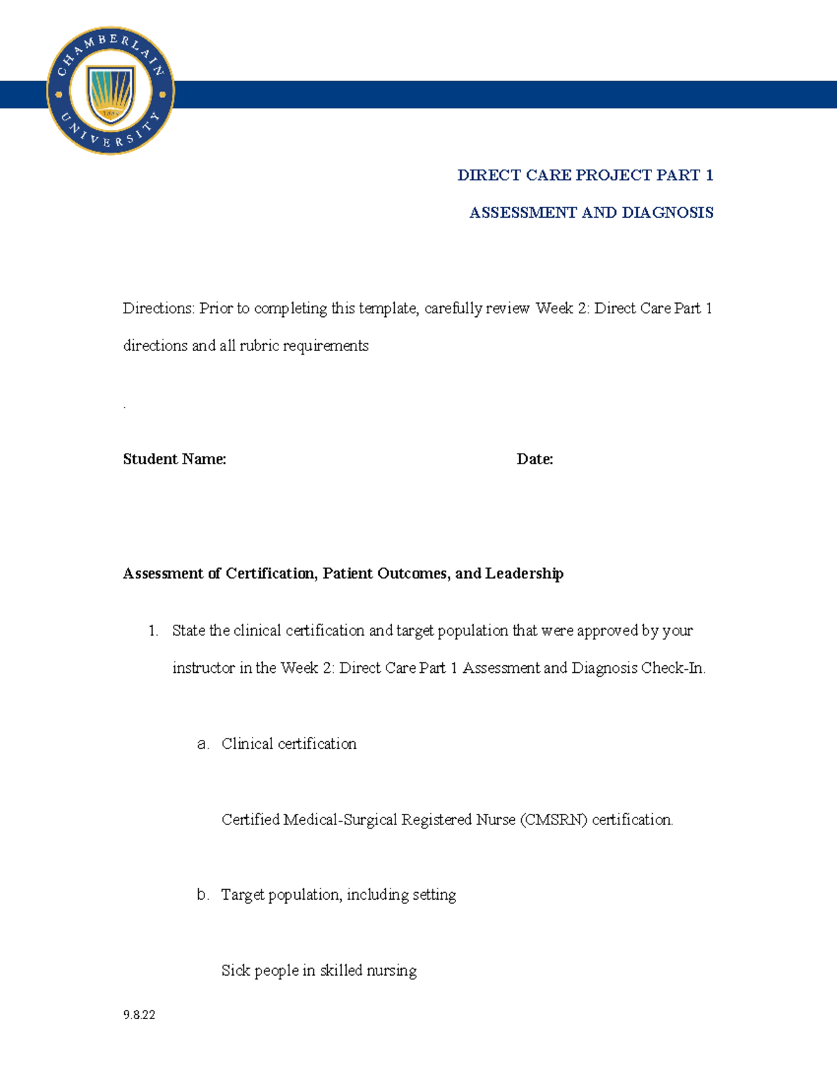 NR447 Wk 2 Direct Care Part 1 Assessment & Diagnosis Template - Studocu
