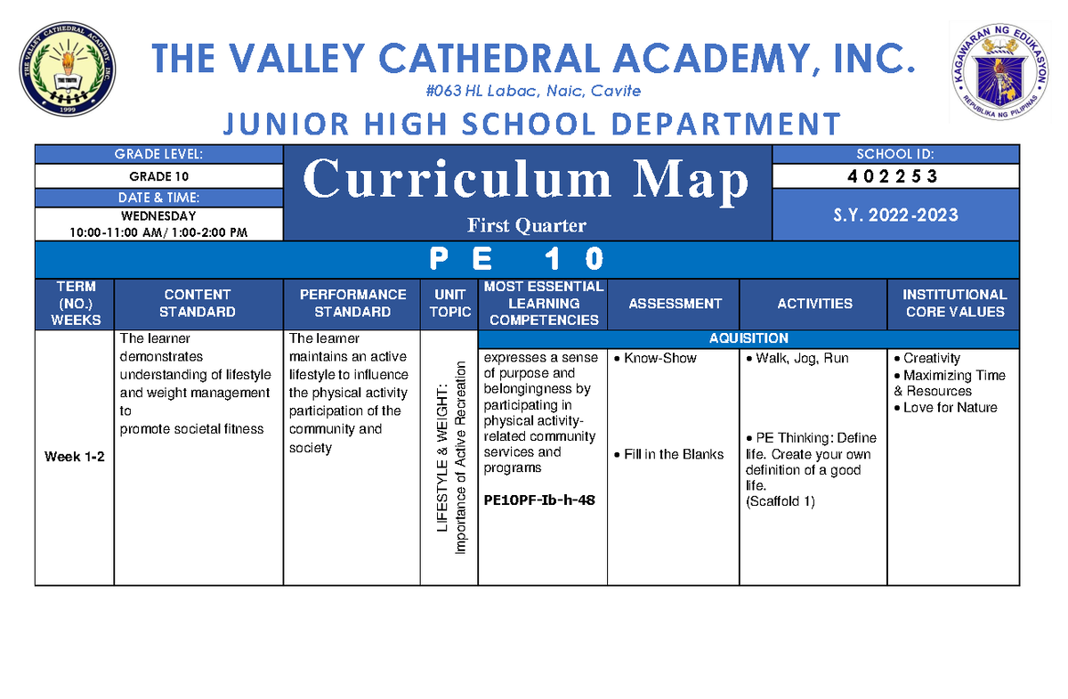CM Quarter 1 PE10 - Curriculum Map - THE VALLEY CATHEDRAL ACADEMY, INC ...