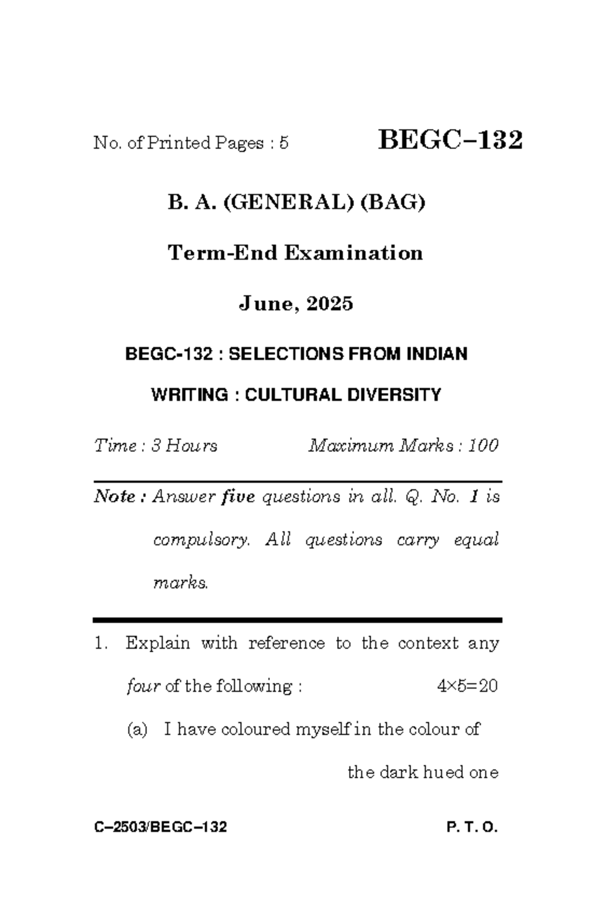BEGC-132 - Sample Paper on Selections from Indian Writing: Cultural ...