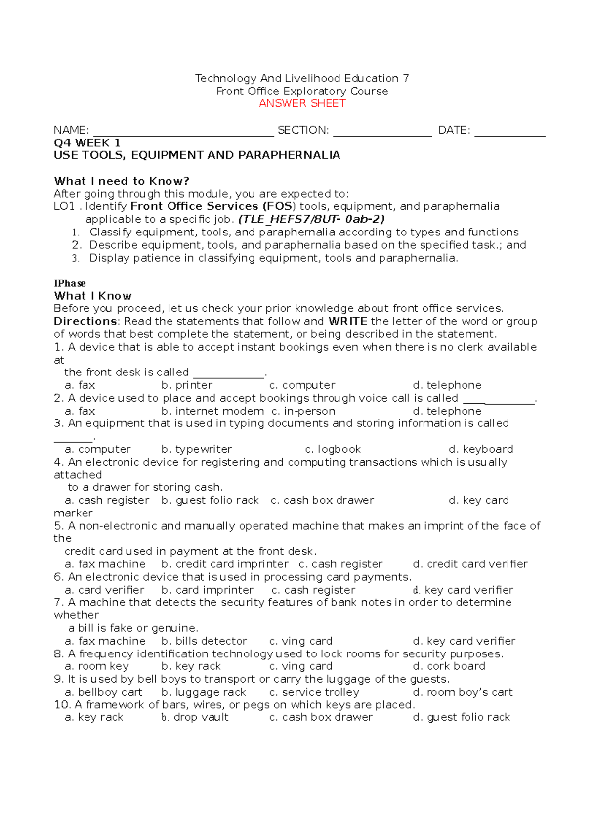 TLE LAS FO WEEK 1 Q4 - learning sheet - Technology And Livelihood ...