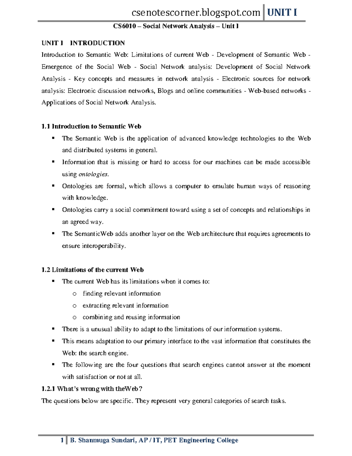CS6010 - Social Network Analysis - Unit I: Exploring the Semantic Web - Studocu