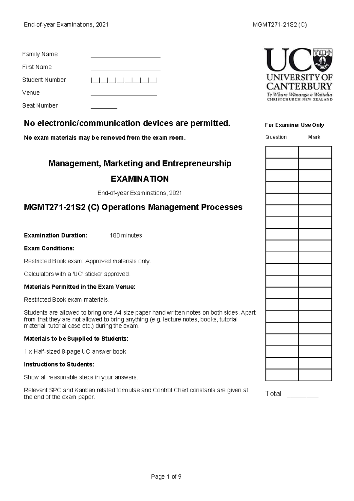 Final Exam Questions - MGMT271 S2 2021 - Studocu