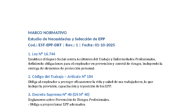 Marco Normativo EPP: Estudio de Necesidades y Selección de EPP - Studocu
