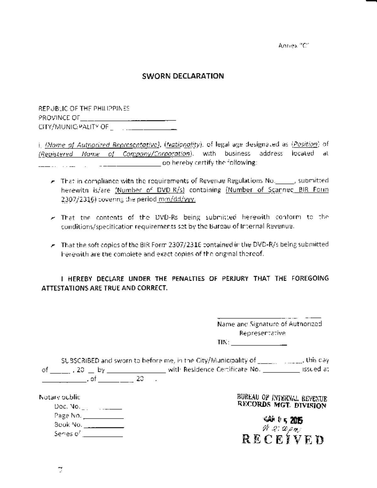 Annex C - BIR - Annex "C" SWORN DECLARATION l, lNome af Authorized ...