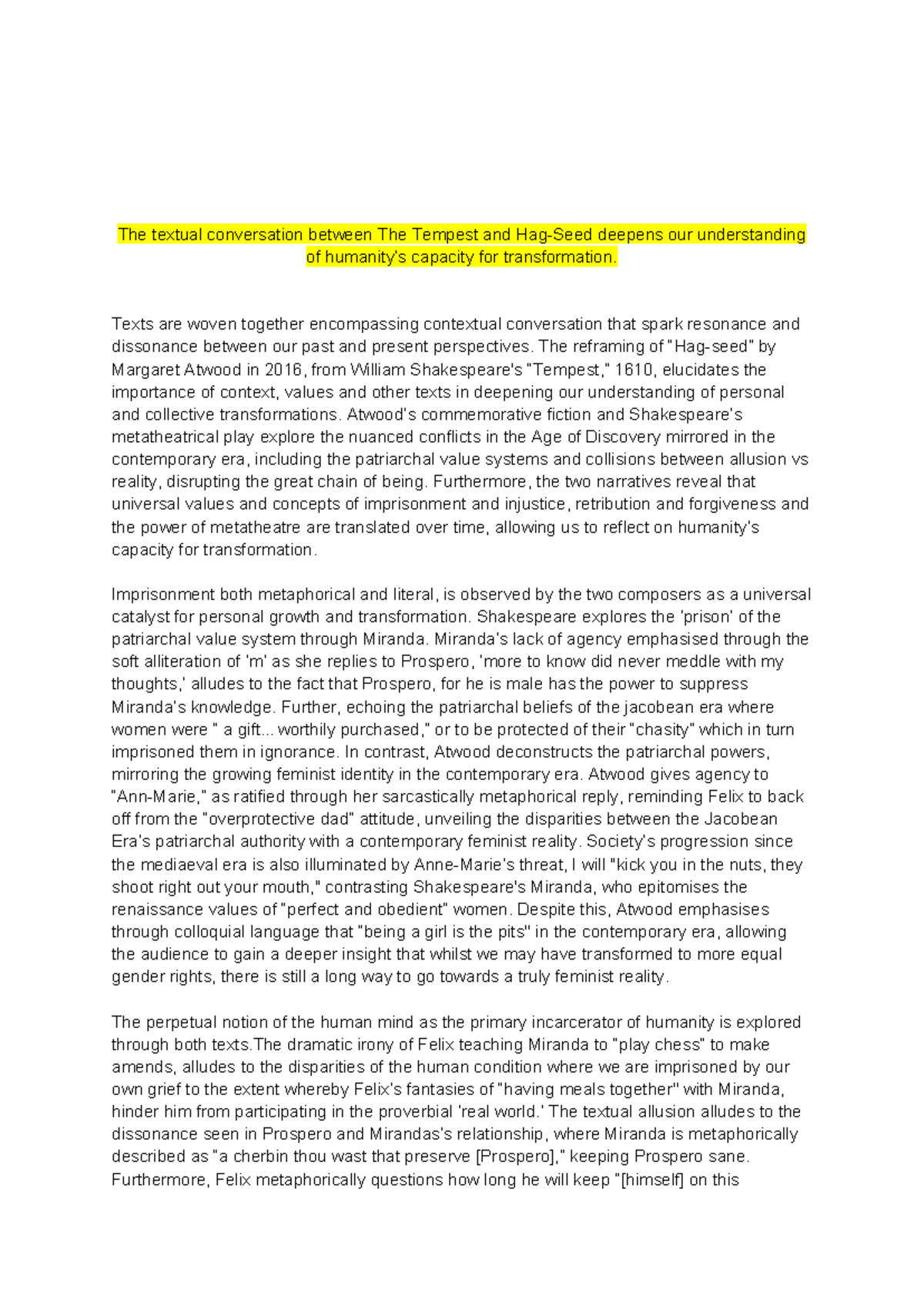 Tempest And Hagseed Essay The Textual Conversation Between The