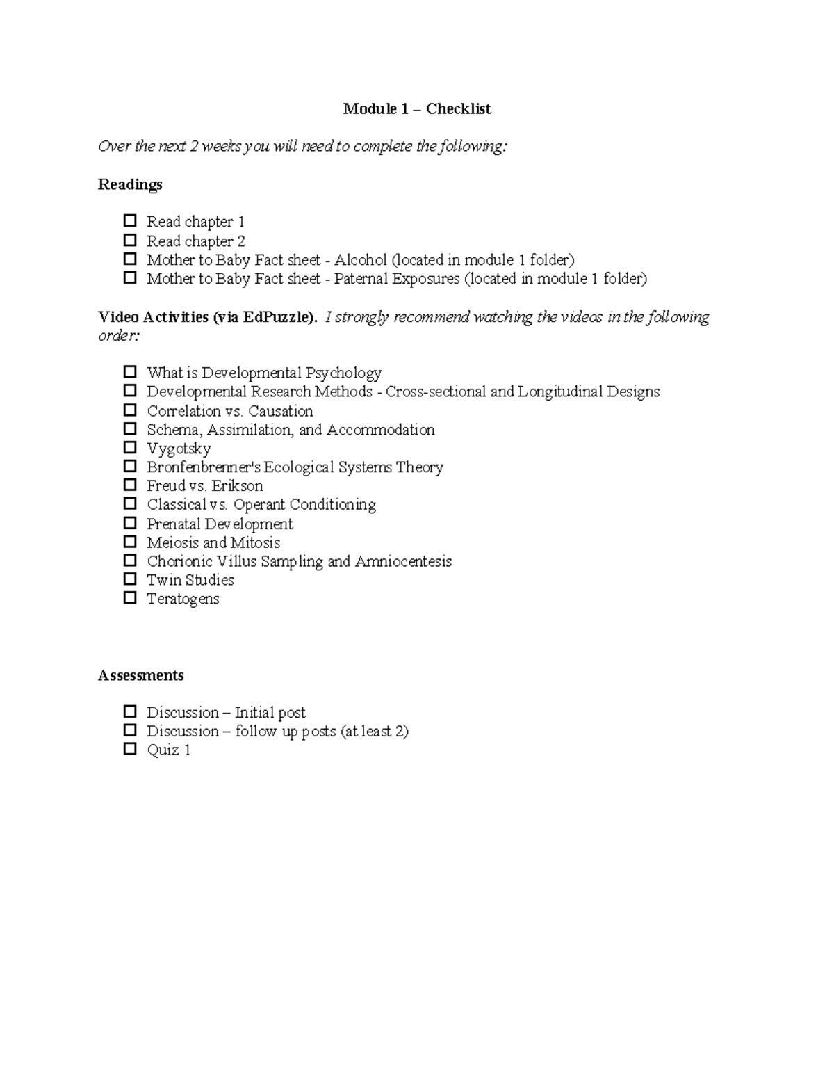 Module 1 Checklist: Week 1 Tasks for Developmental Psychology - Studocu