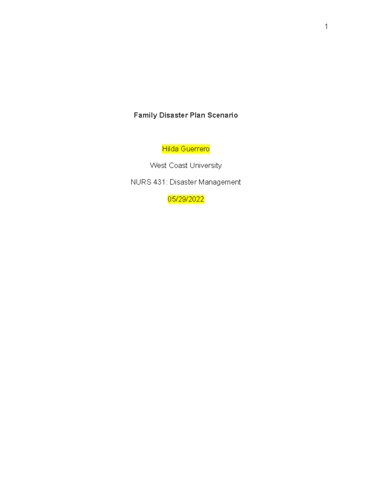 NURS 431: Family Disaster Plan Scenario - APA 7th Edition Template ...