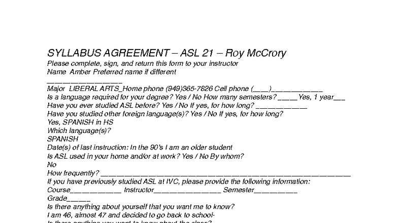Syllabus Agreement for ASL 21 - Roy McCrory - Studocu