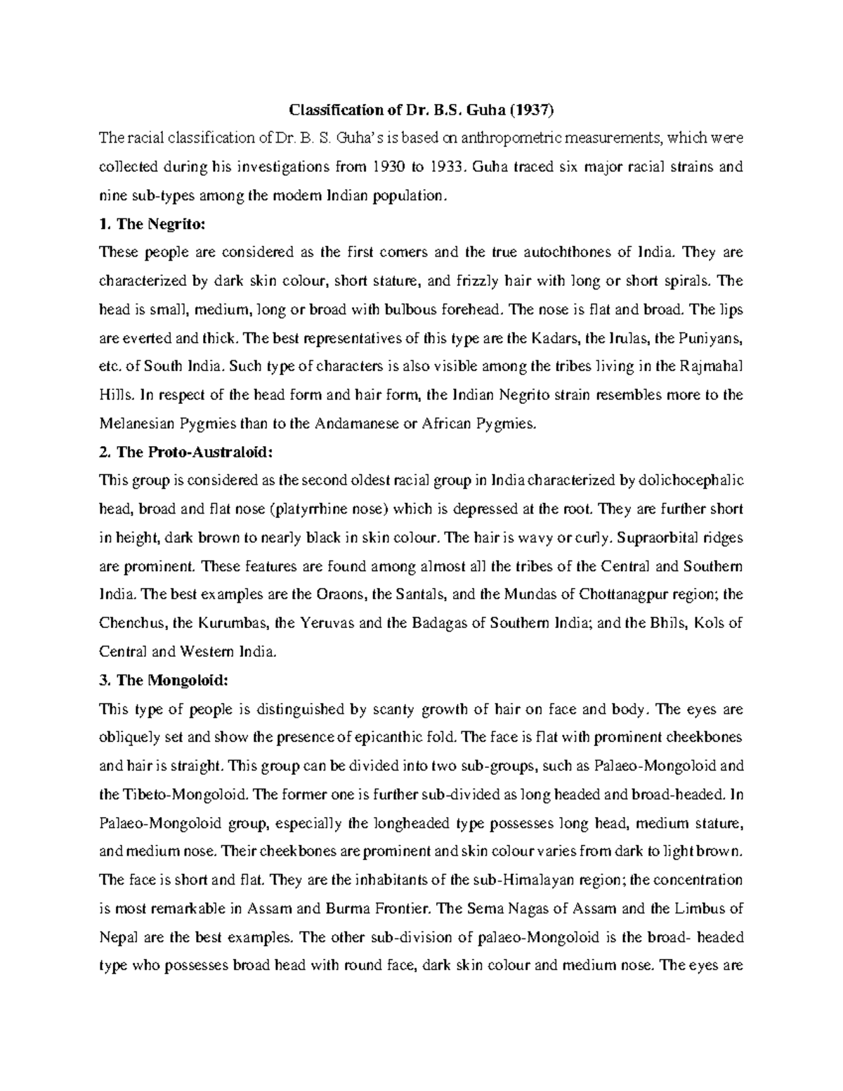 Ethnic Composition of India by Guha - Classification of Dr. B. Guha ...