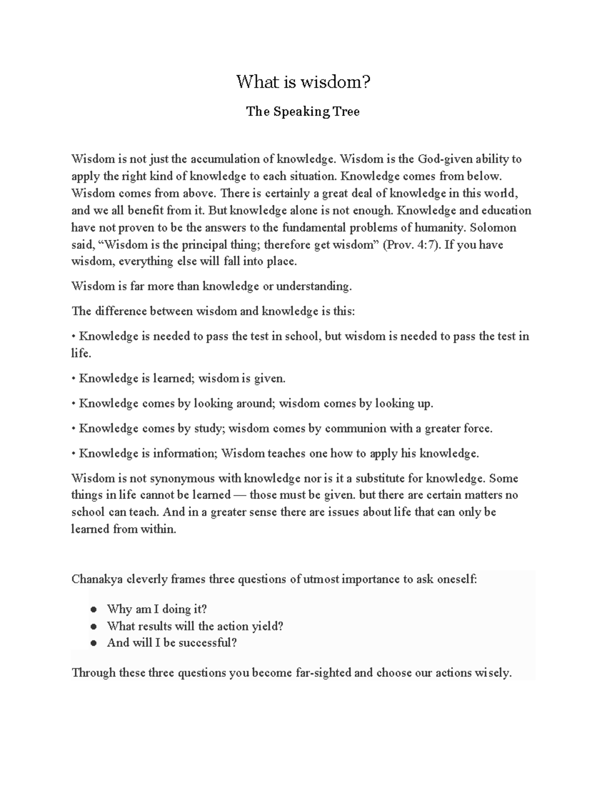 Exploring Wisdom: Insights from The Speaking Tree - Studocu
