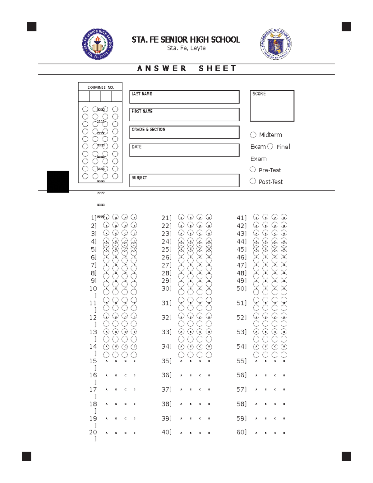 356185615 Sample Midterm Answer Sheet for Shading Exam - Studocu